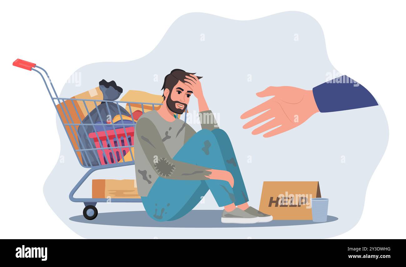 Hand reaching towards upset homeless man in ragged clothes sitting on ...