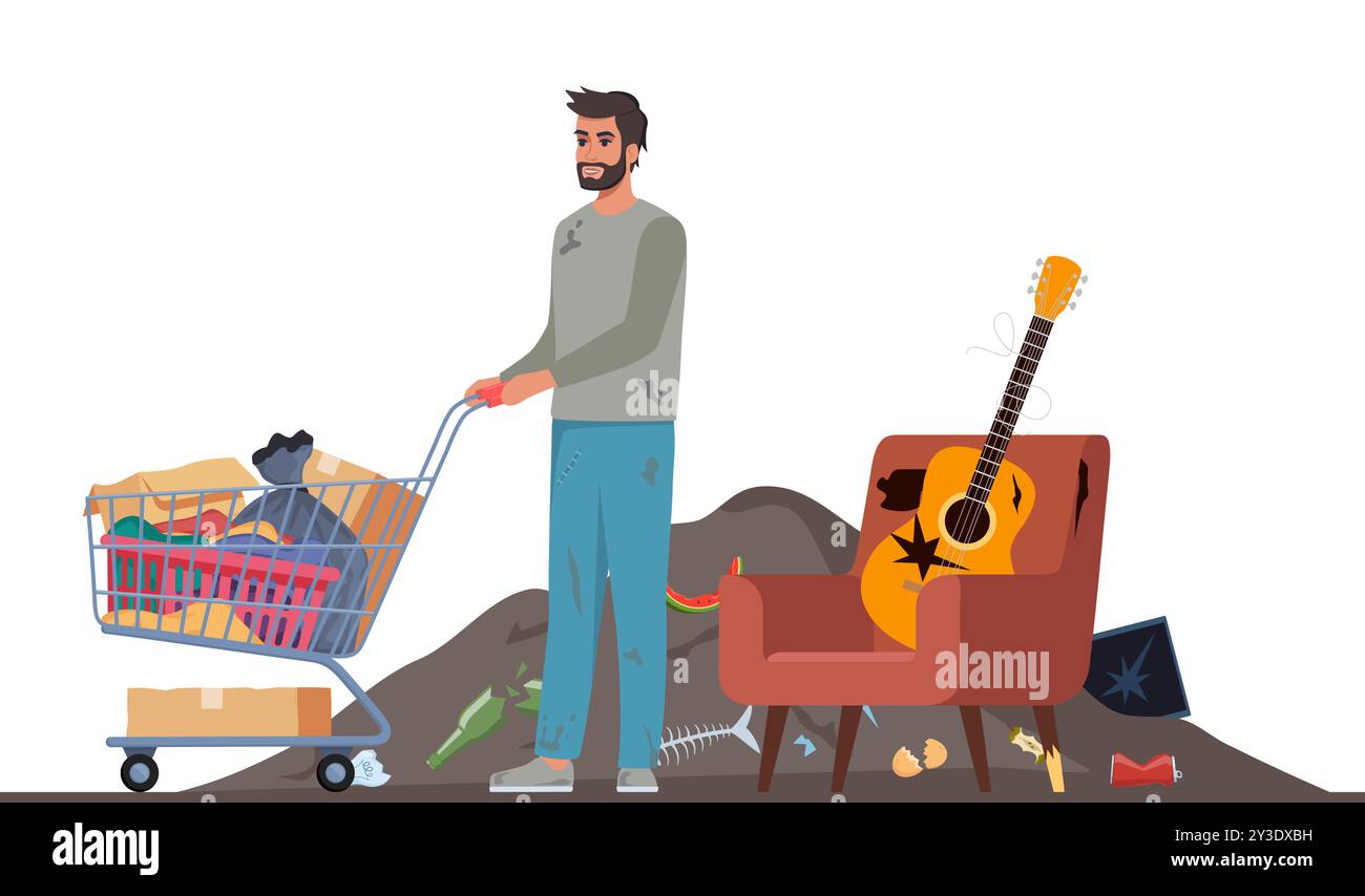 Homeless vagrant person looking for things in a landfill. Ragged ...