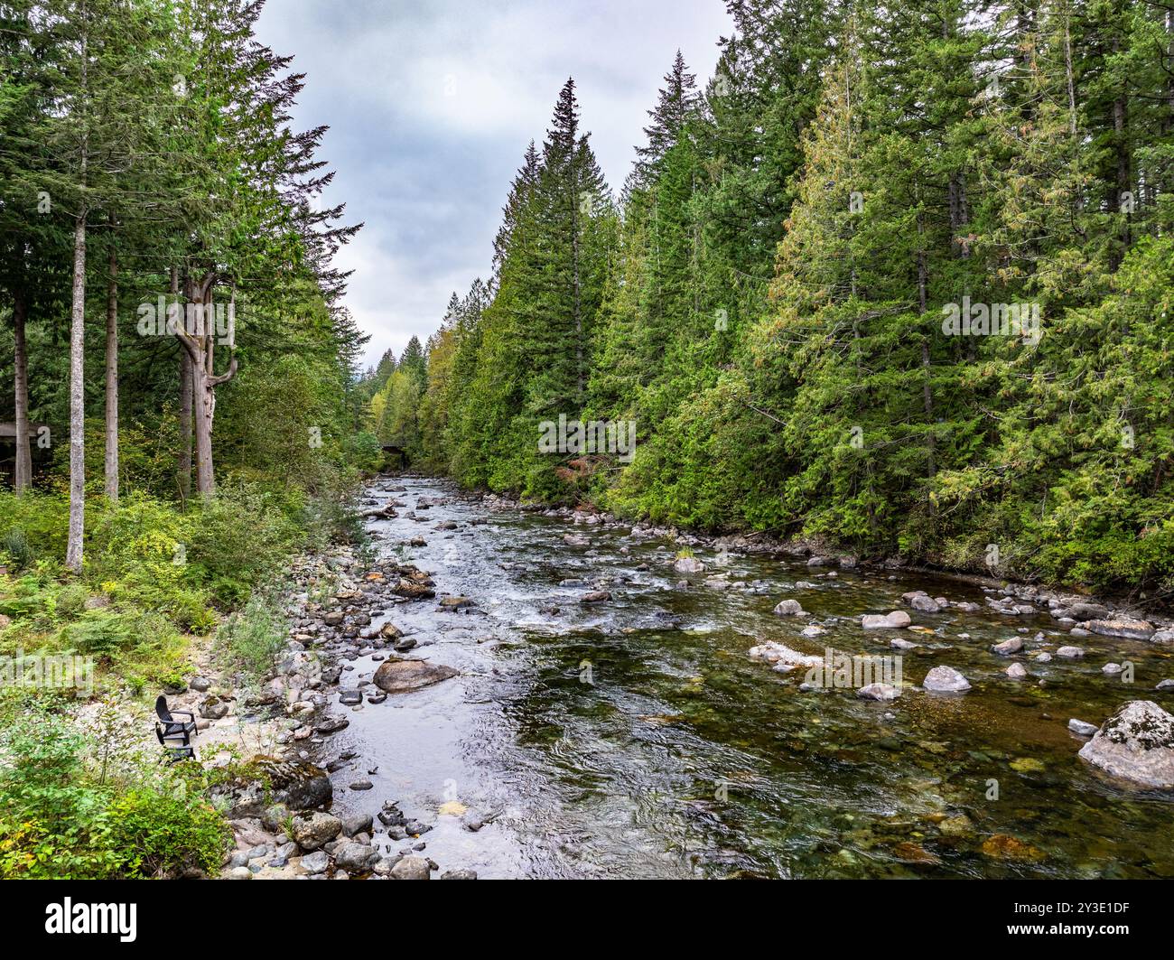 A view of the Snoqualmie River from a drone in North Bend, Washington ...