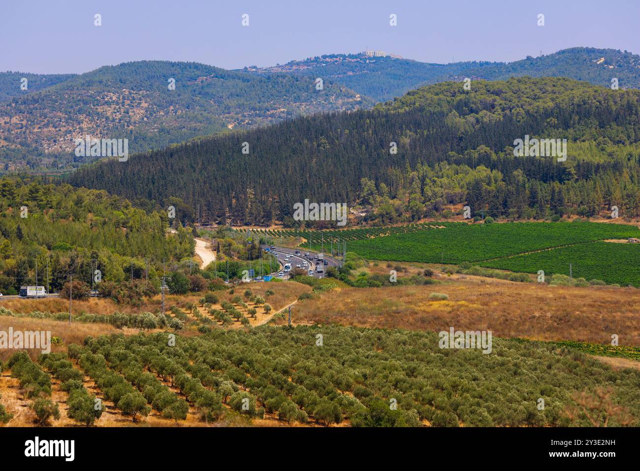 A beautiful landscape of the Jerusalem hills with Highway 1 visible ...
