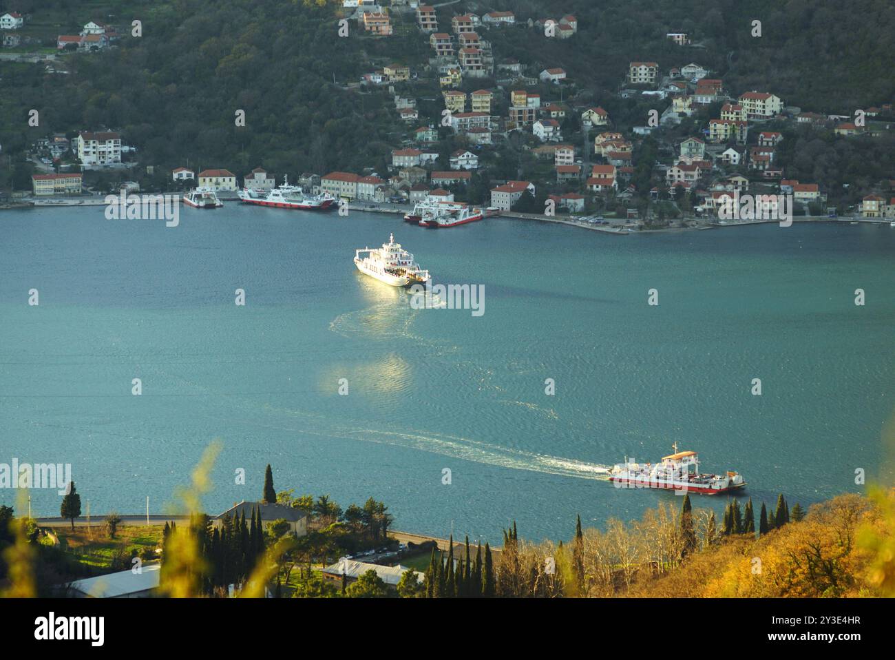Bird's eye view of the ferry crossing Kamenari - Lepetane in Montenegro ...