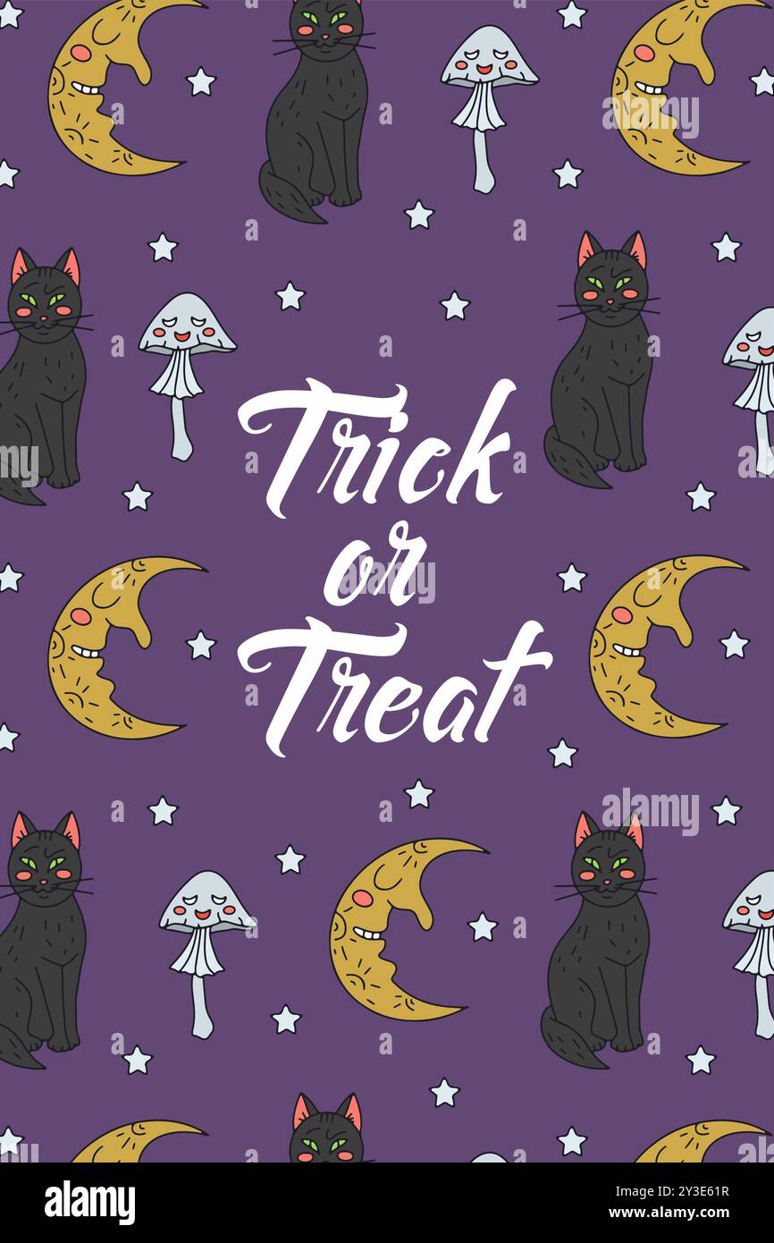 Card or poster with cute Halloween illustration with black cats and ...