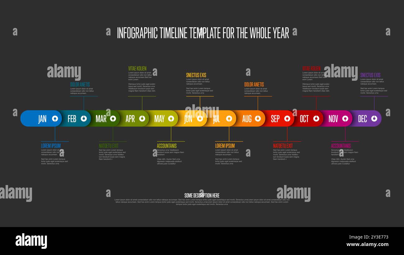 Entire year rainbow timeline template with months texts in color ...