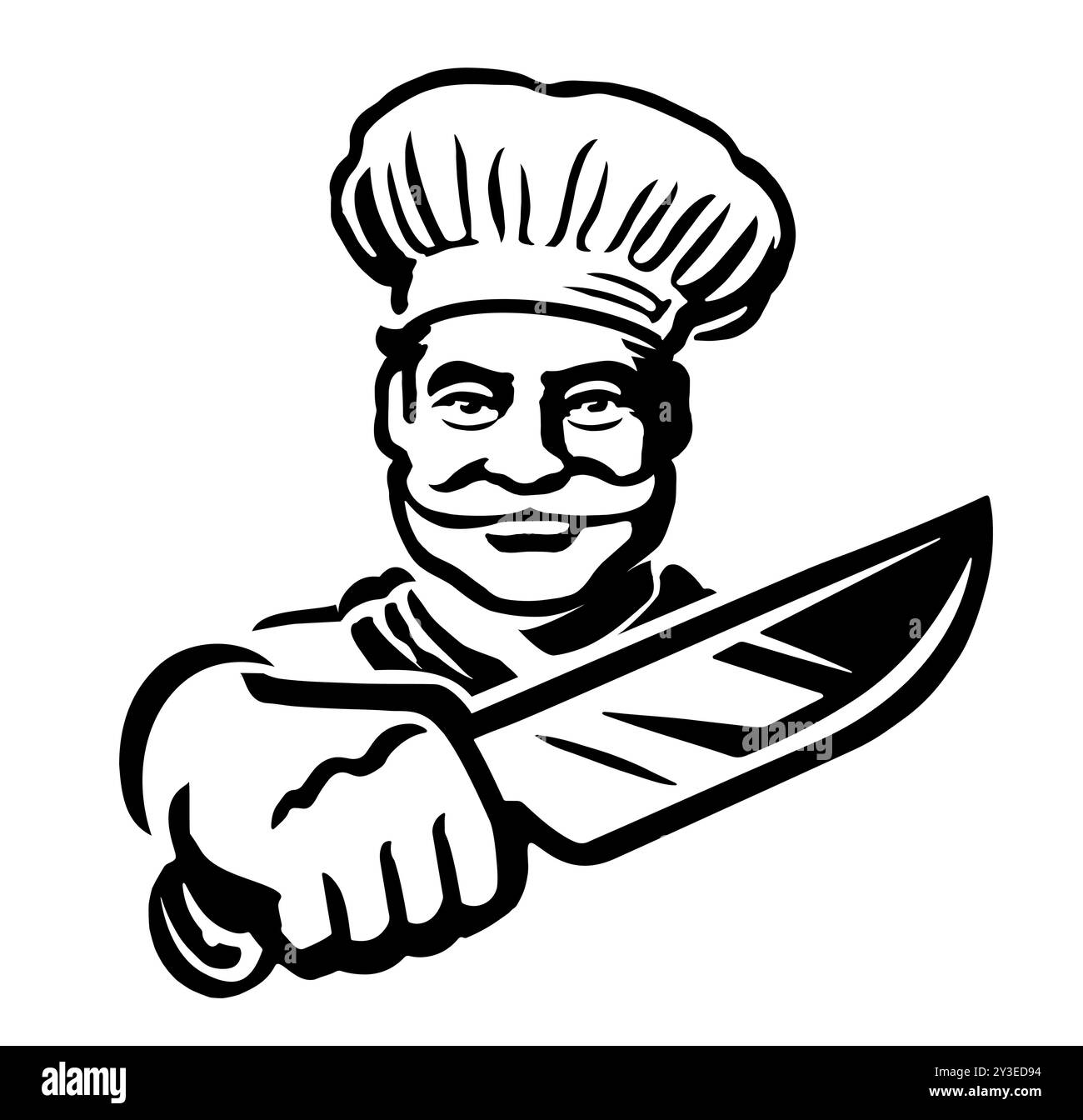 Happy elderly chef with meat cleaver. Hand drawn male cook illustration ...