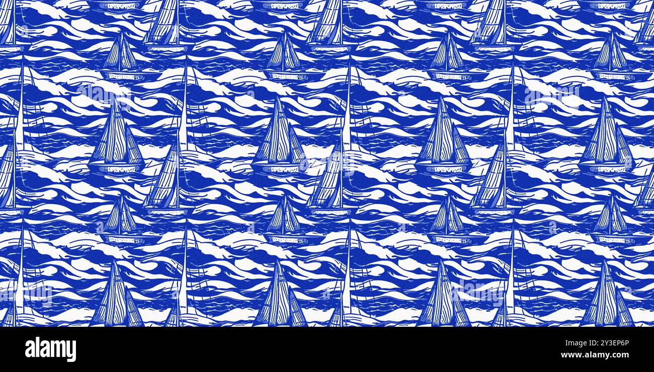 Modern sailing race boat block print banner for decorative coast ...