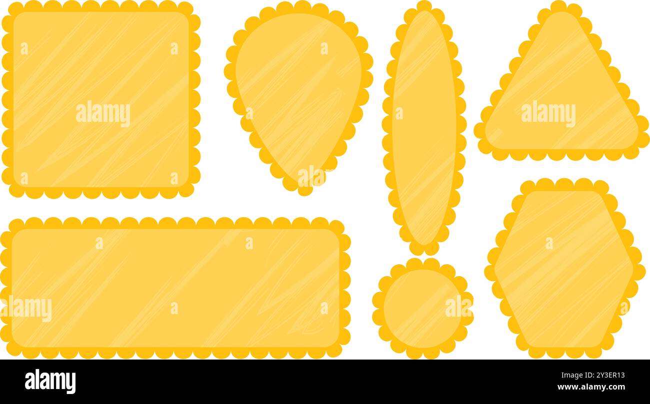 Set of scallop edge frames. Yellow shapes textured charcoal chalk on ...