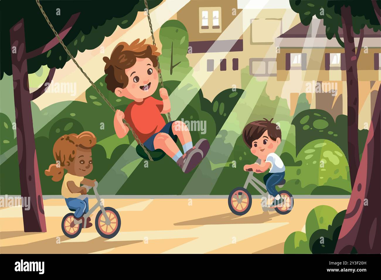 A heartwarming moment of children playing in a park, with joyful expressions, swings in motion ...