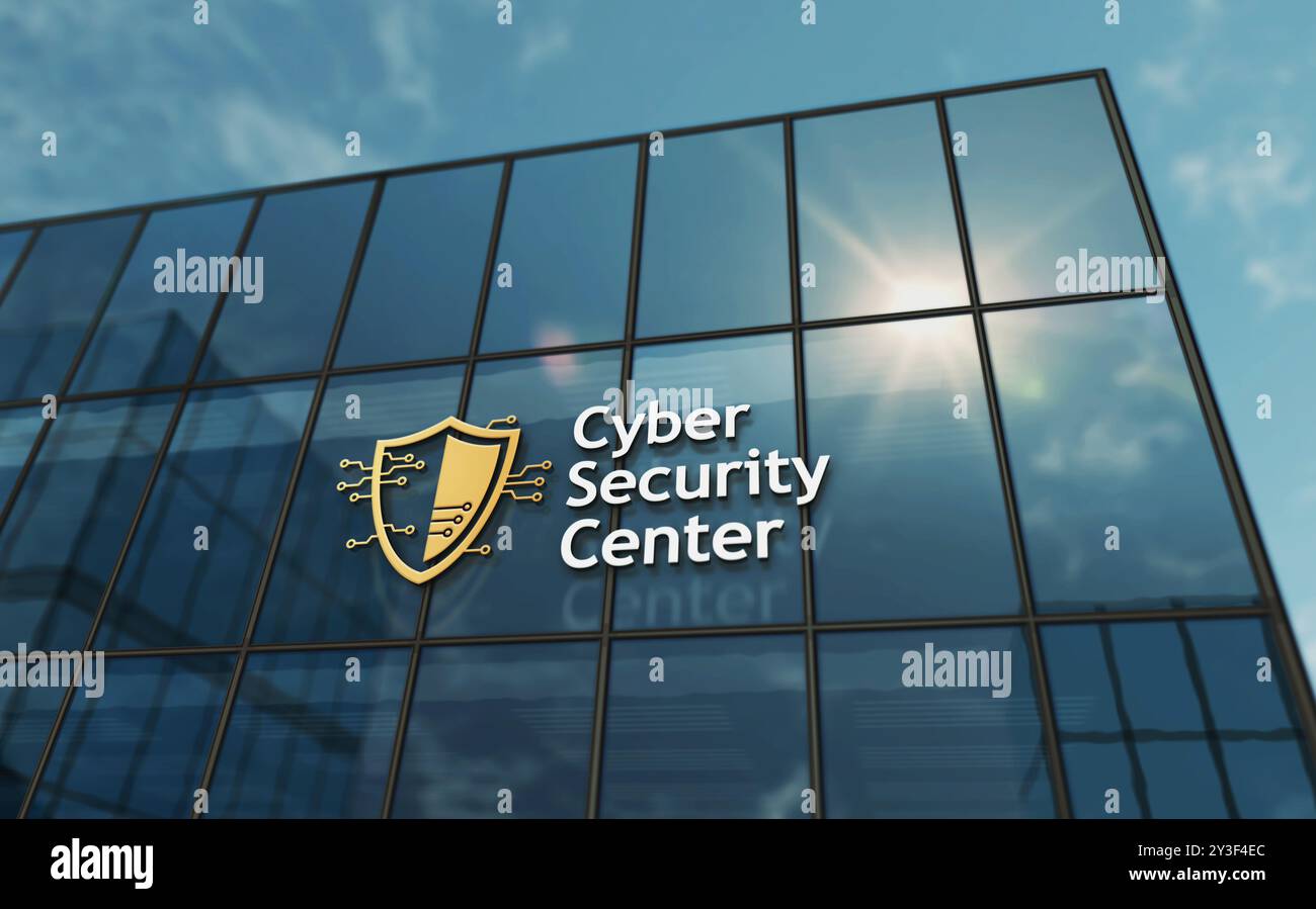 Cyber Security glass building concept. Digital protection server center ...