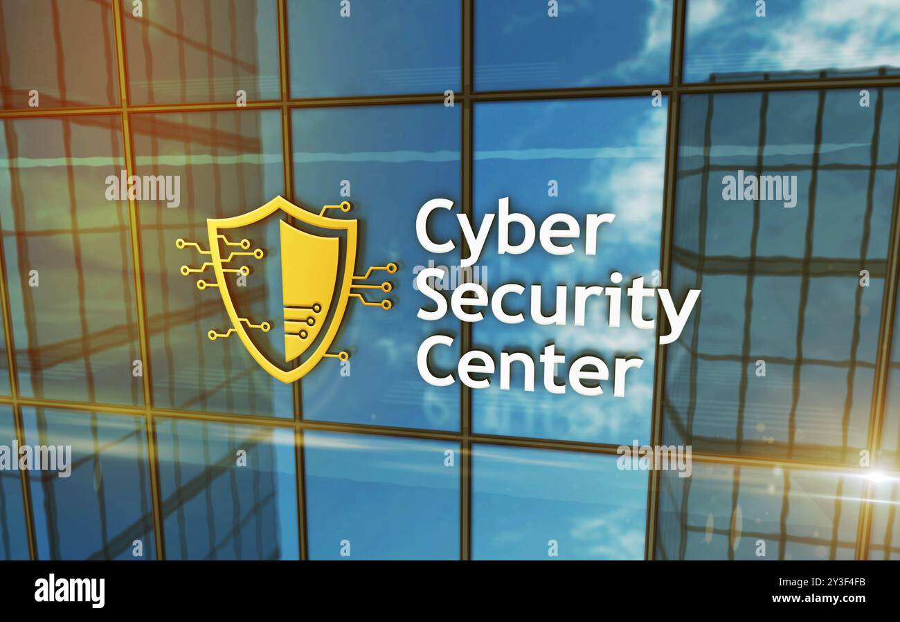 Cyber Security glass building concept. Digital protection server center ...