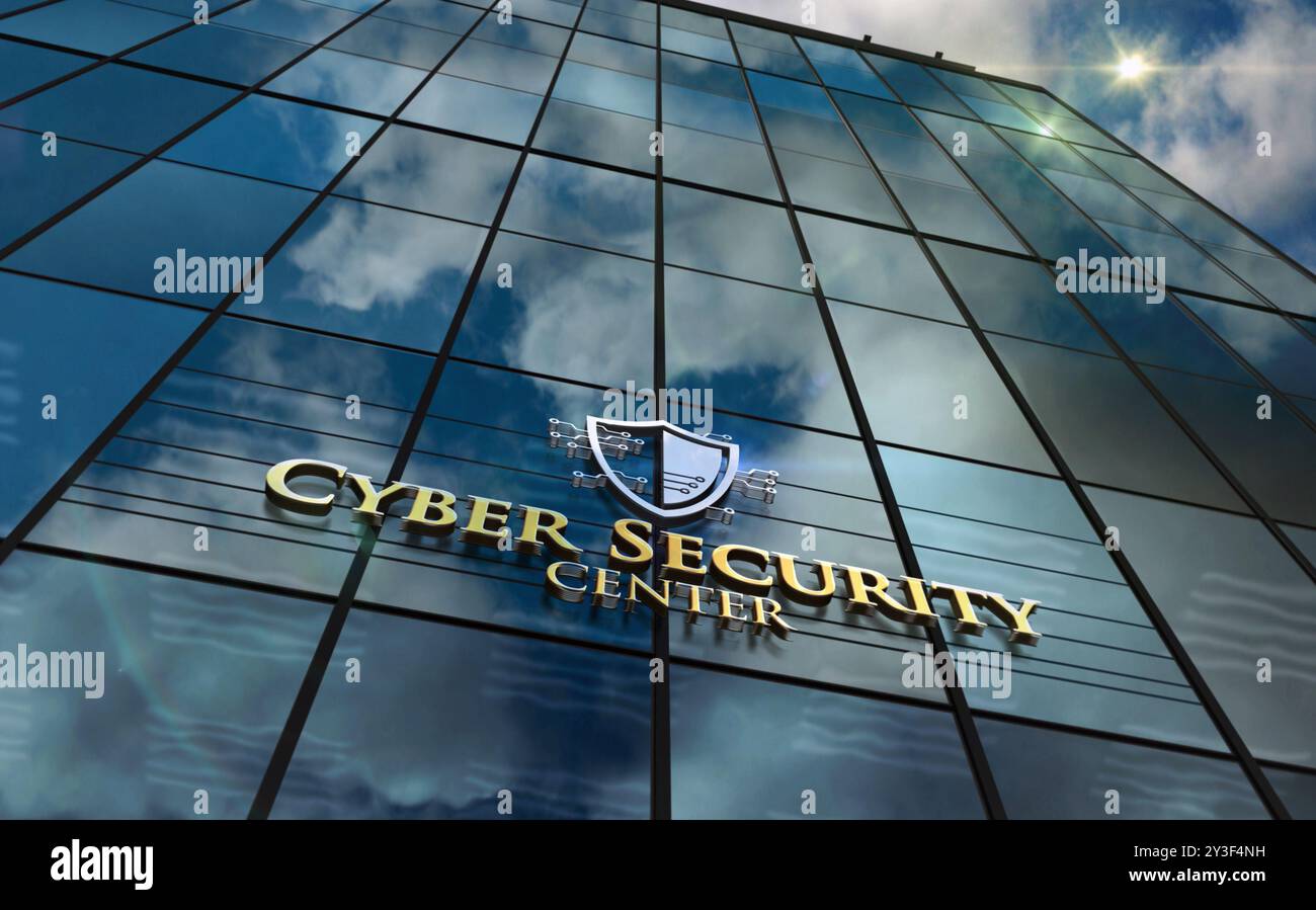 Cyber Security glass building concept. Digital protection server center ...