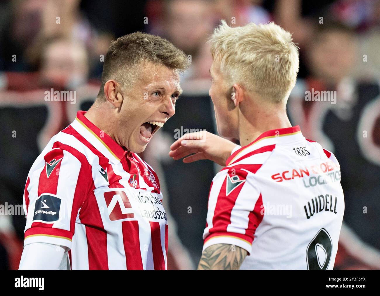 AaB's Mathias Joergensen scores to 1-0 in the Superliga match between AaB and Lyngby BK at ...