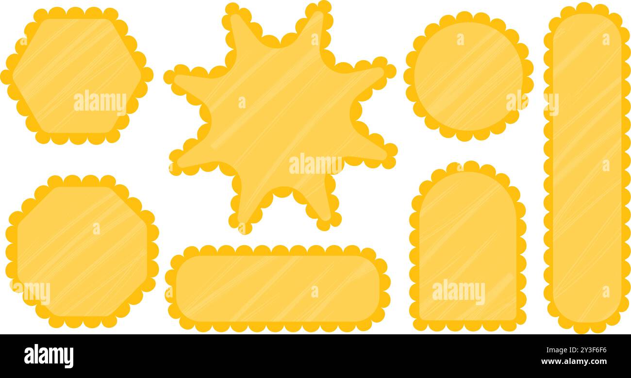 Set of scallop edge frames. Yellow shapes textured charcoal chalk on ...