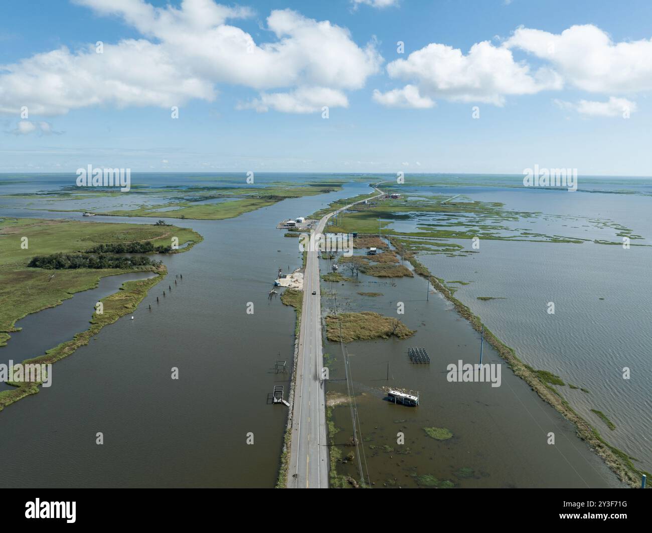 Aerial view of flooded highway through Leeville, Louisiana, in the ...