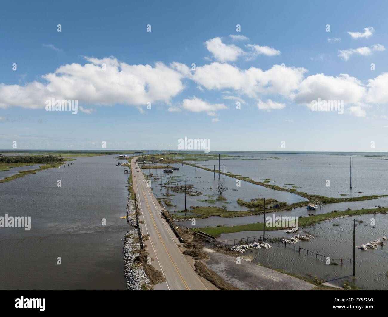 Aerial view of flooded highway through Leeville, Louisiana, in the ...