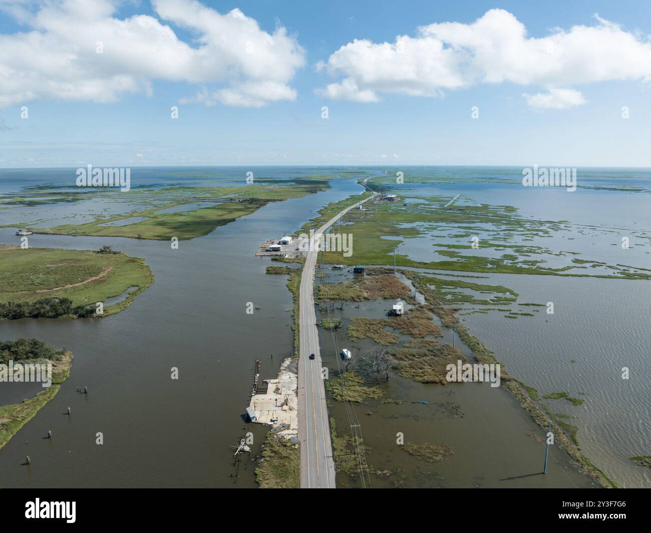 Aerial view of flooded highway through Leeville, Louisiana, in the ...