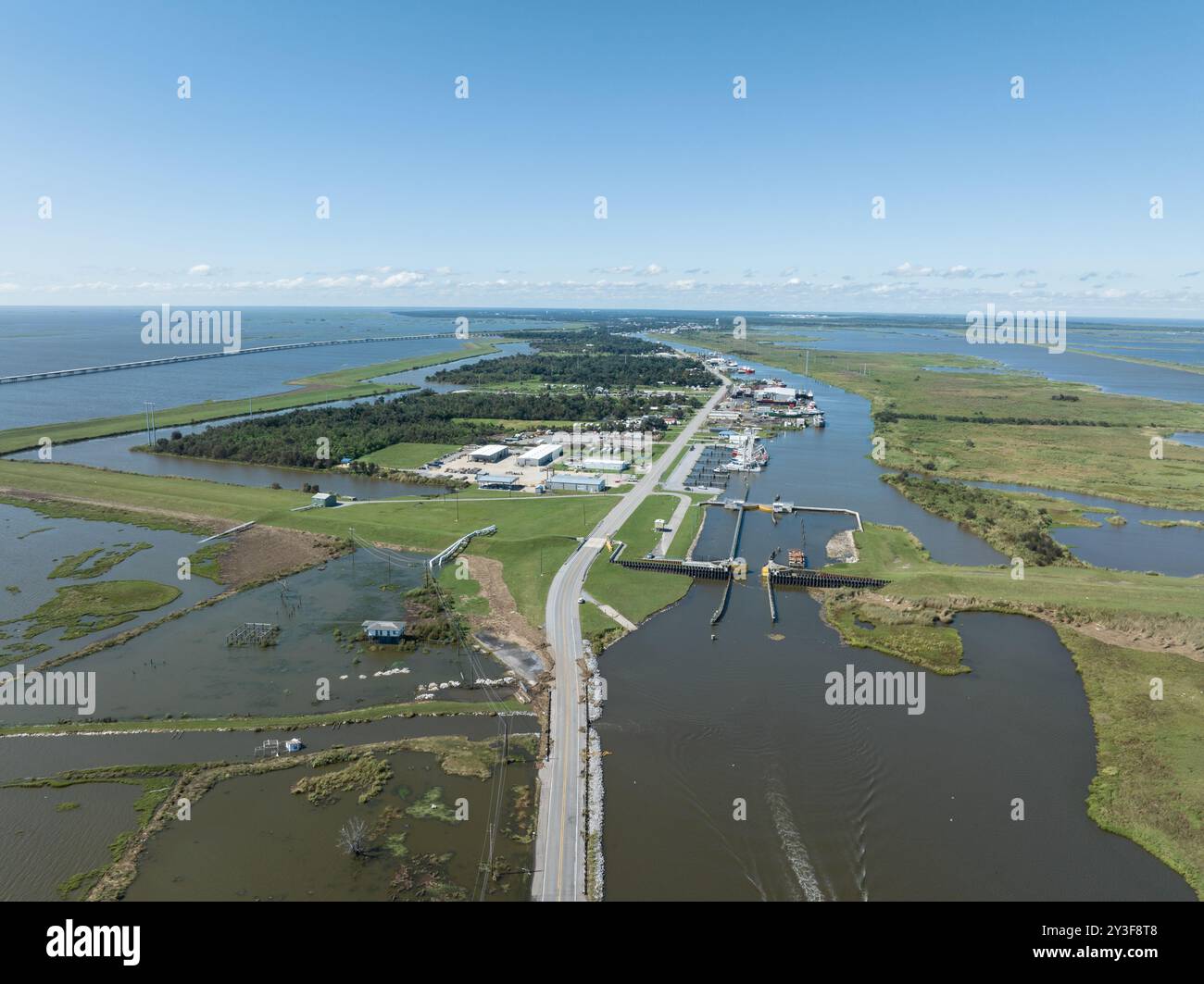 Aerial view of flooded highway through Leeville, Louisiana, in the ...