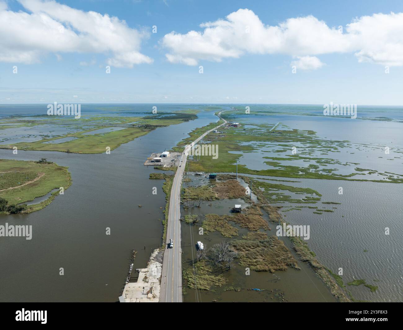 Aerial view of flooded highway through Leeville, Louisiana, in the ...