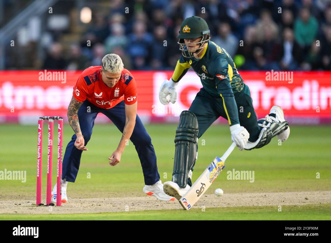 Jake Fraser-McGurk of Australia reaches for the crease during the ...