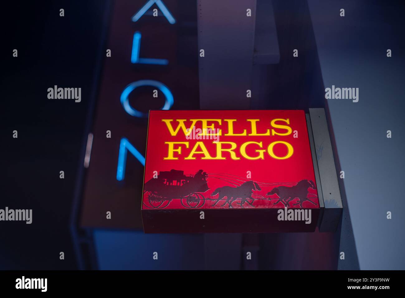 LOS ANGELES -February 28, 2024: Wells Fargo bank logo sign on bank ...
