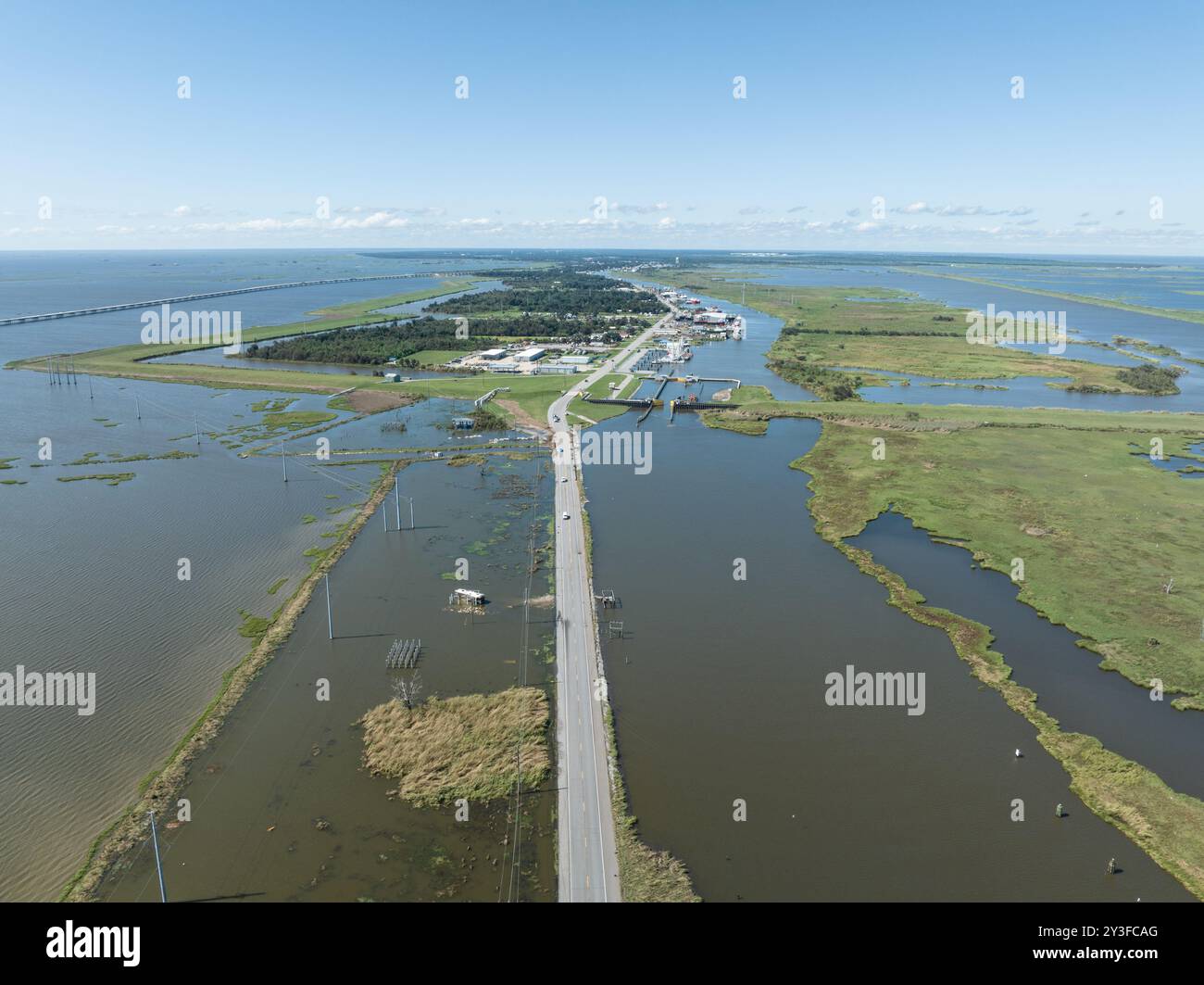 Aerial view of flooded highway through Leeville, Louisiana, in the ...