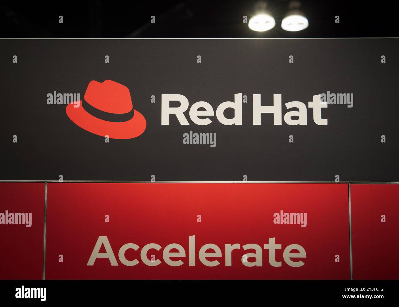 LOS ANGELES, CA- May 22, 2024: Red Hat logo on Red Hat booth at AWS ...