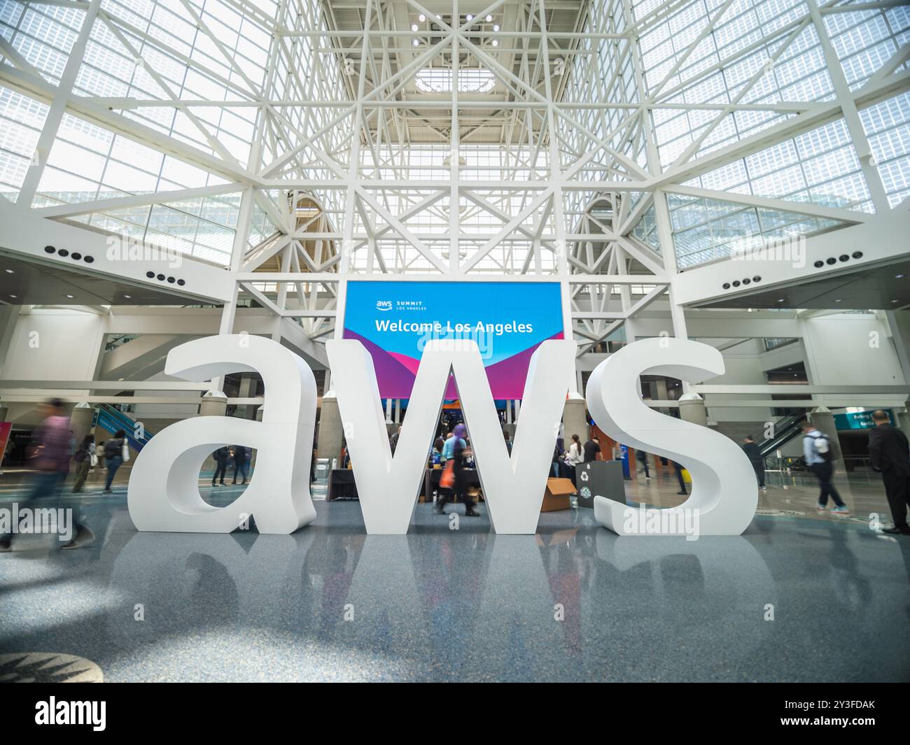 LOS ANGELES, CA- May 22, 2024: Amazon Web Services AWS logo greeting ...