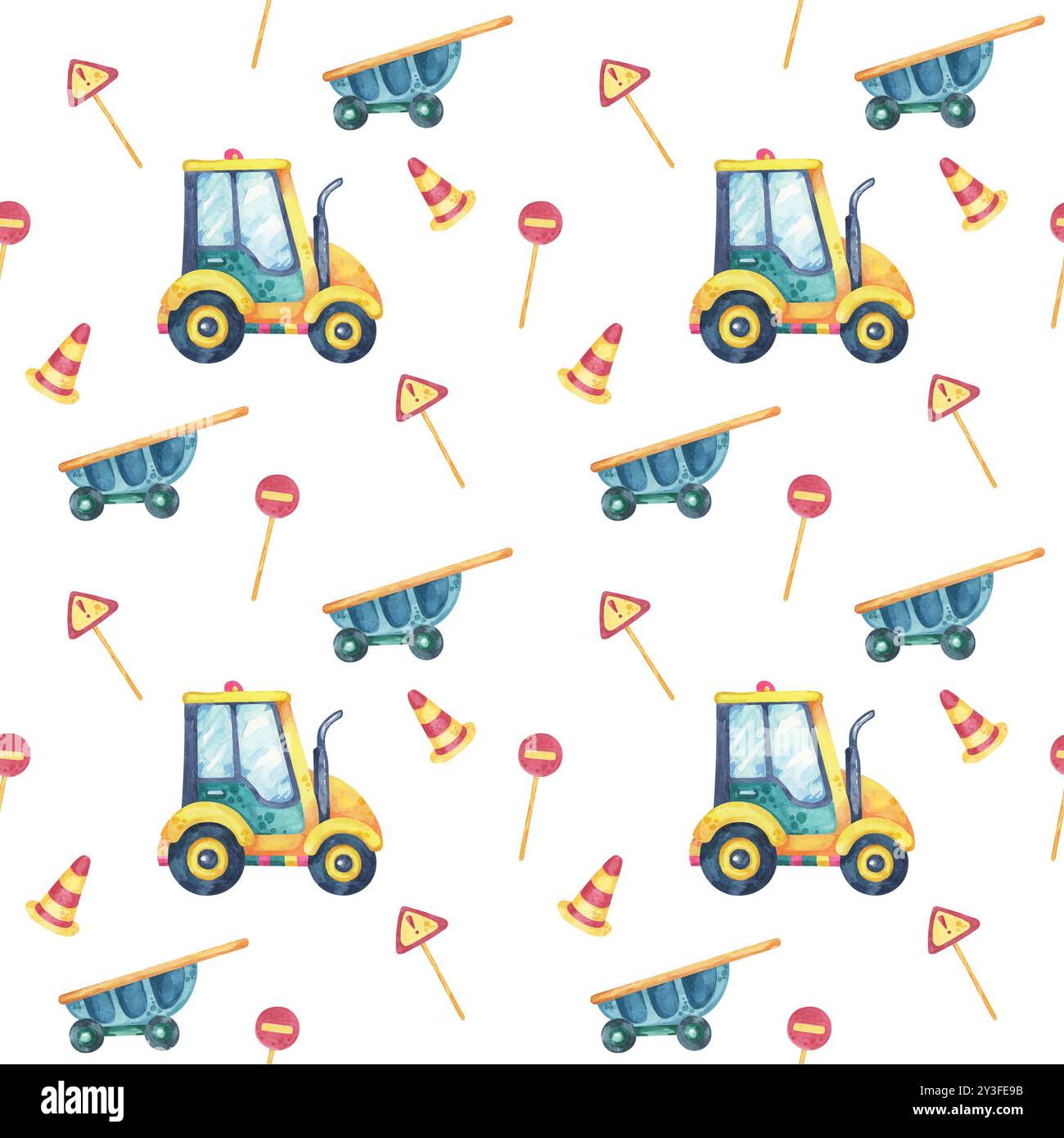 Yellow green tractor, blue wheelbarrows, striped road cones, and red ...