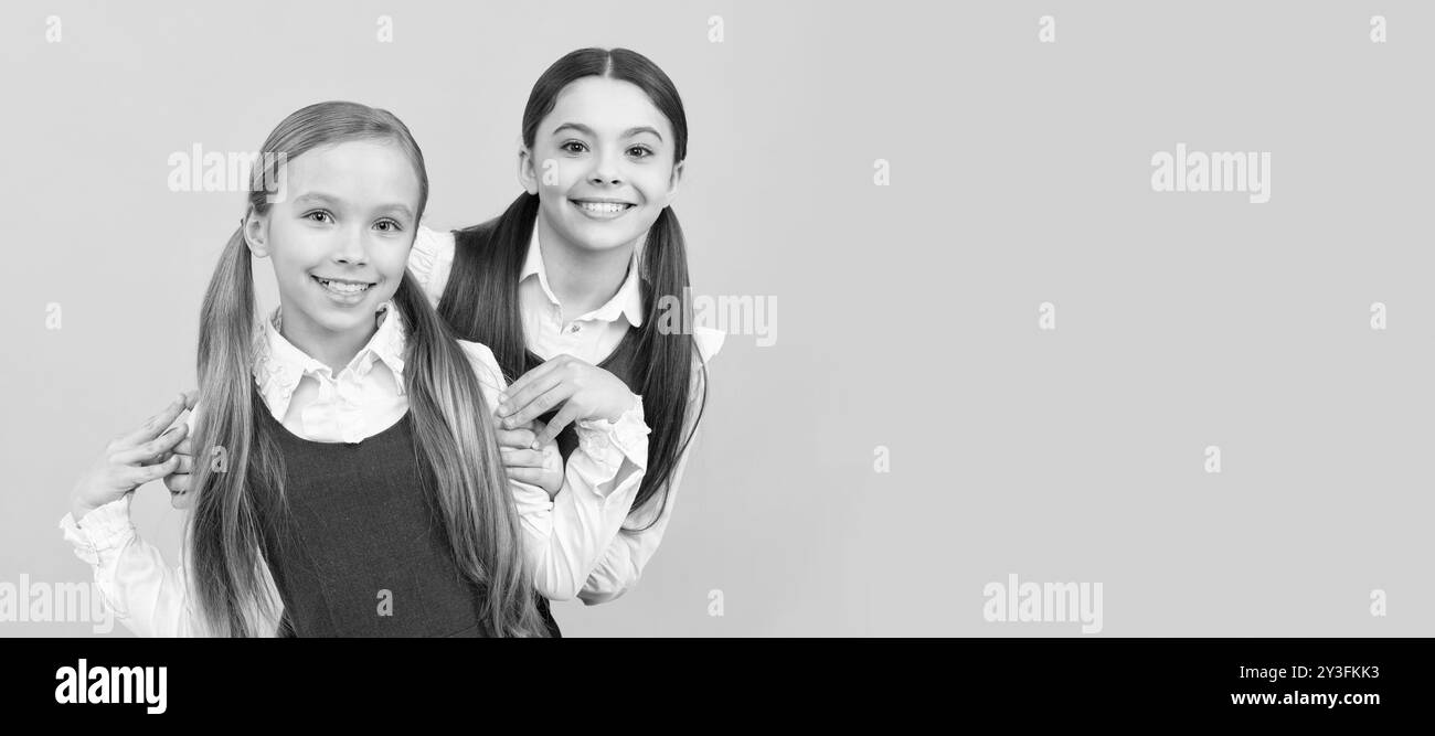 School girls friends. Care and concern, school return. Happy children ...