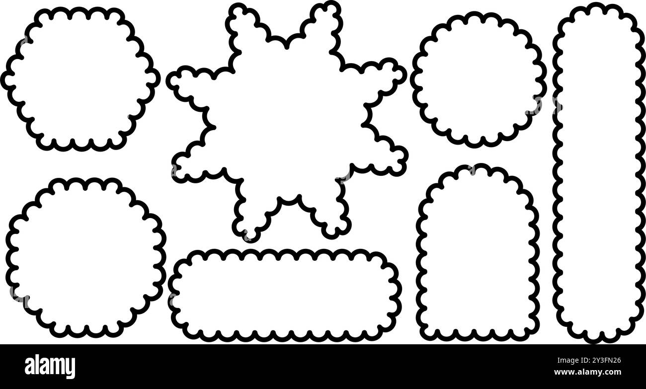 Set of scallop edge frames shapes isolated on white background. Zigzag wavy forms. Square ...