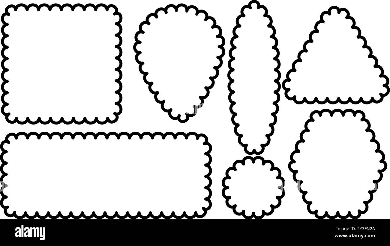 Set of scallop edge frames shapes isolated on white background. Zigzag wavy forms. Square ...