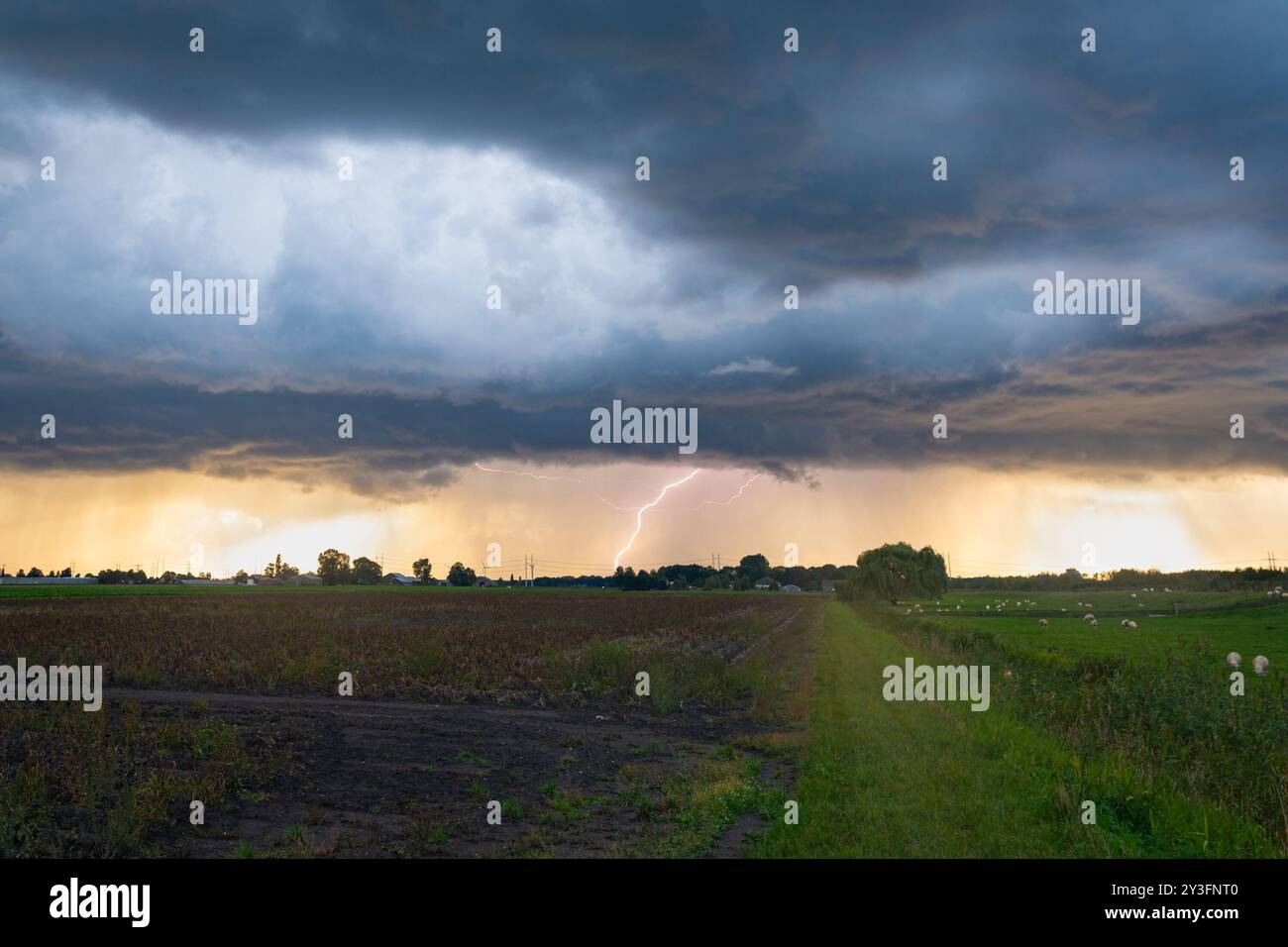 Lightning bolt strikes down from the base of a thunderstorm over the ...