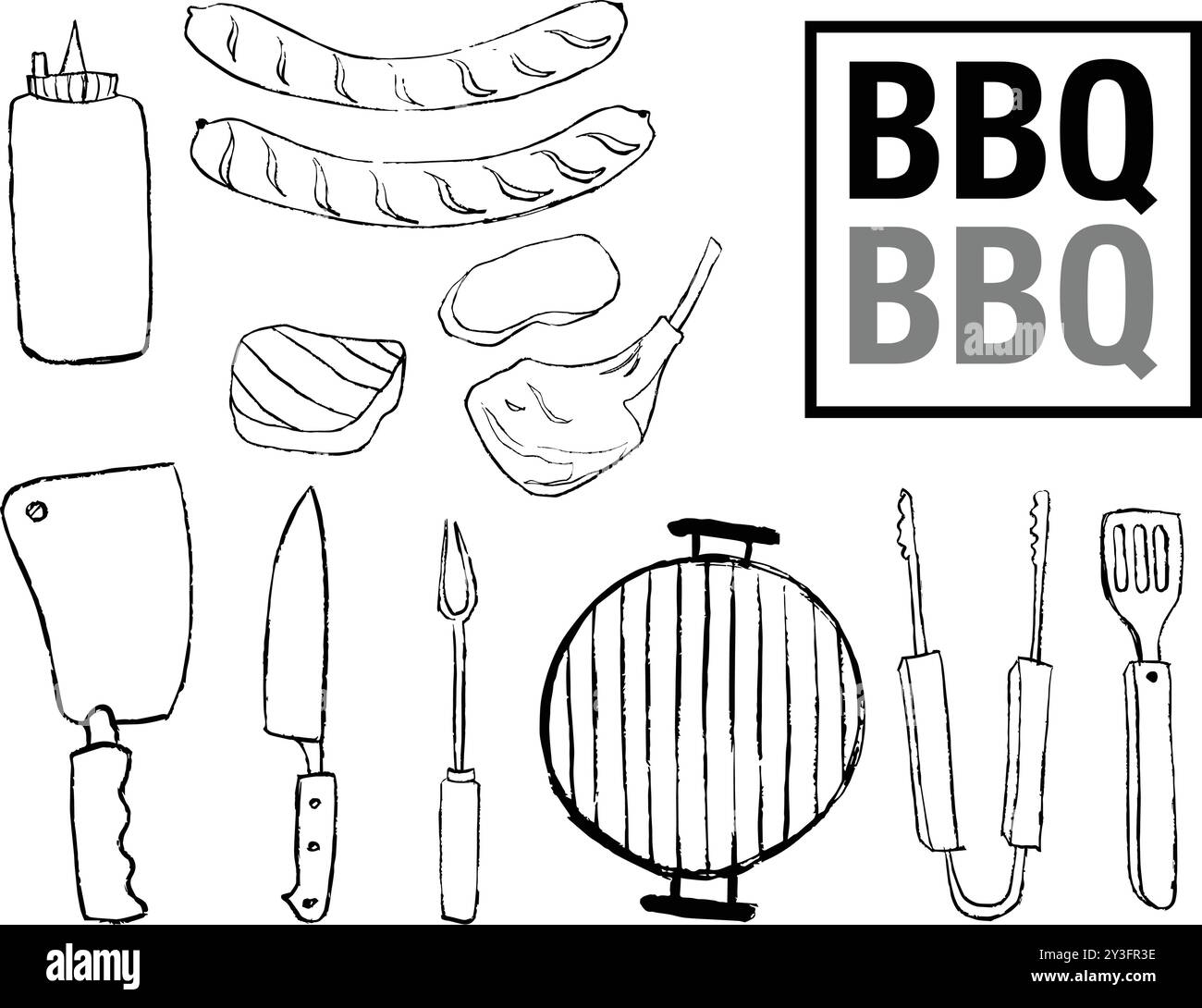hand drawn illustration of Barbecue, doodles of barbecue set Stock ...