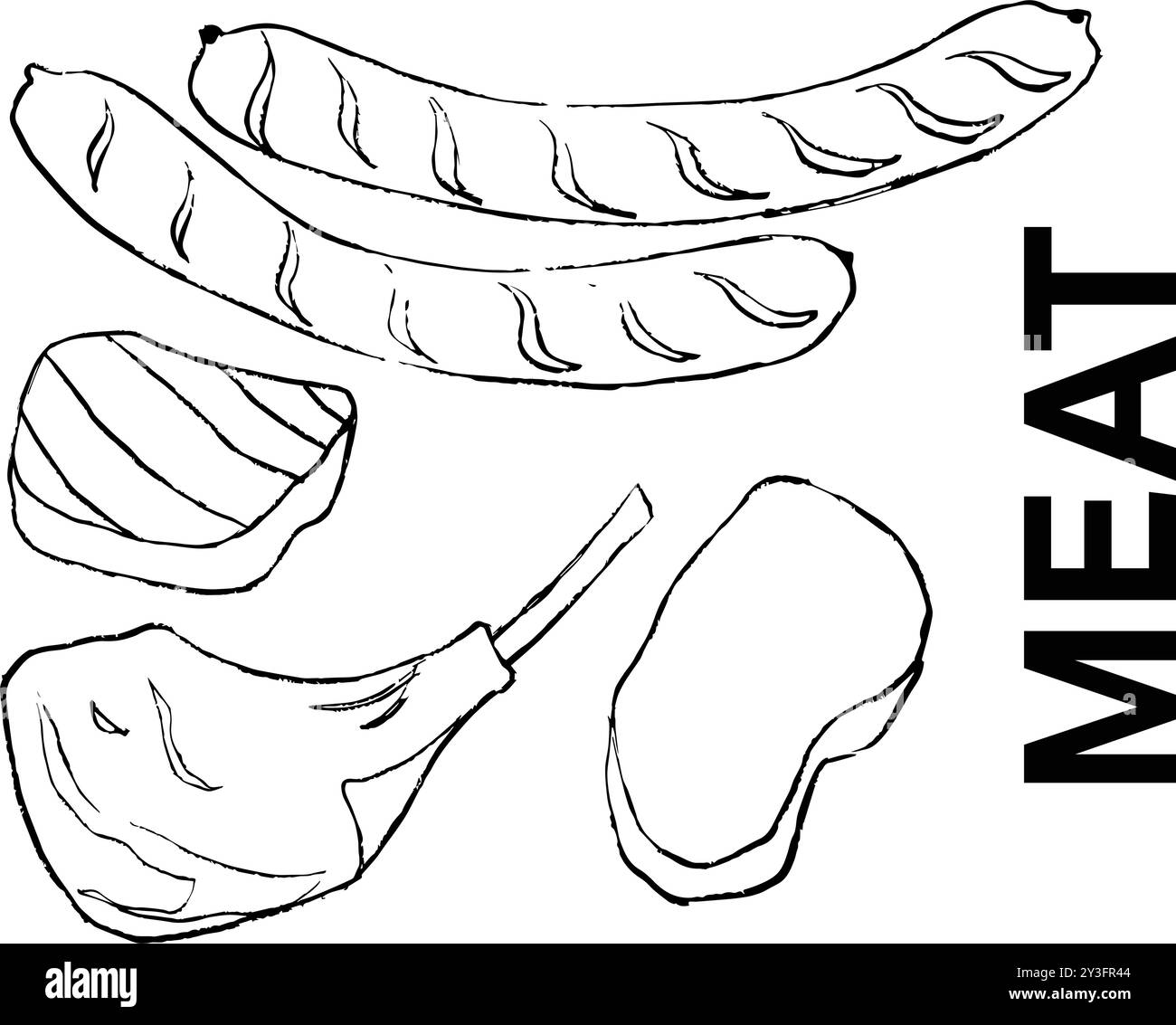 hand drawn illustration of meat, doodles of meat, beef, steak, sausage ...
