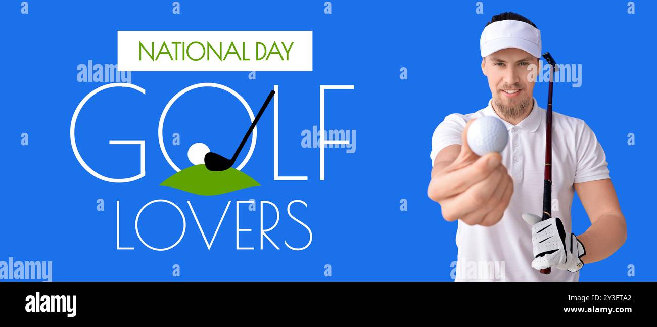 Male golfer on blue background. Banner for National Golf Lovers Day ...