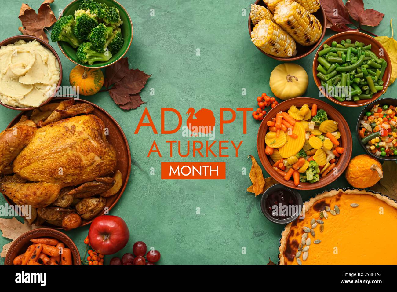 Festive dishes for Thanksgiving Day on green background. Poster for ...