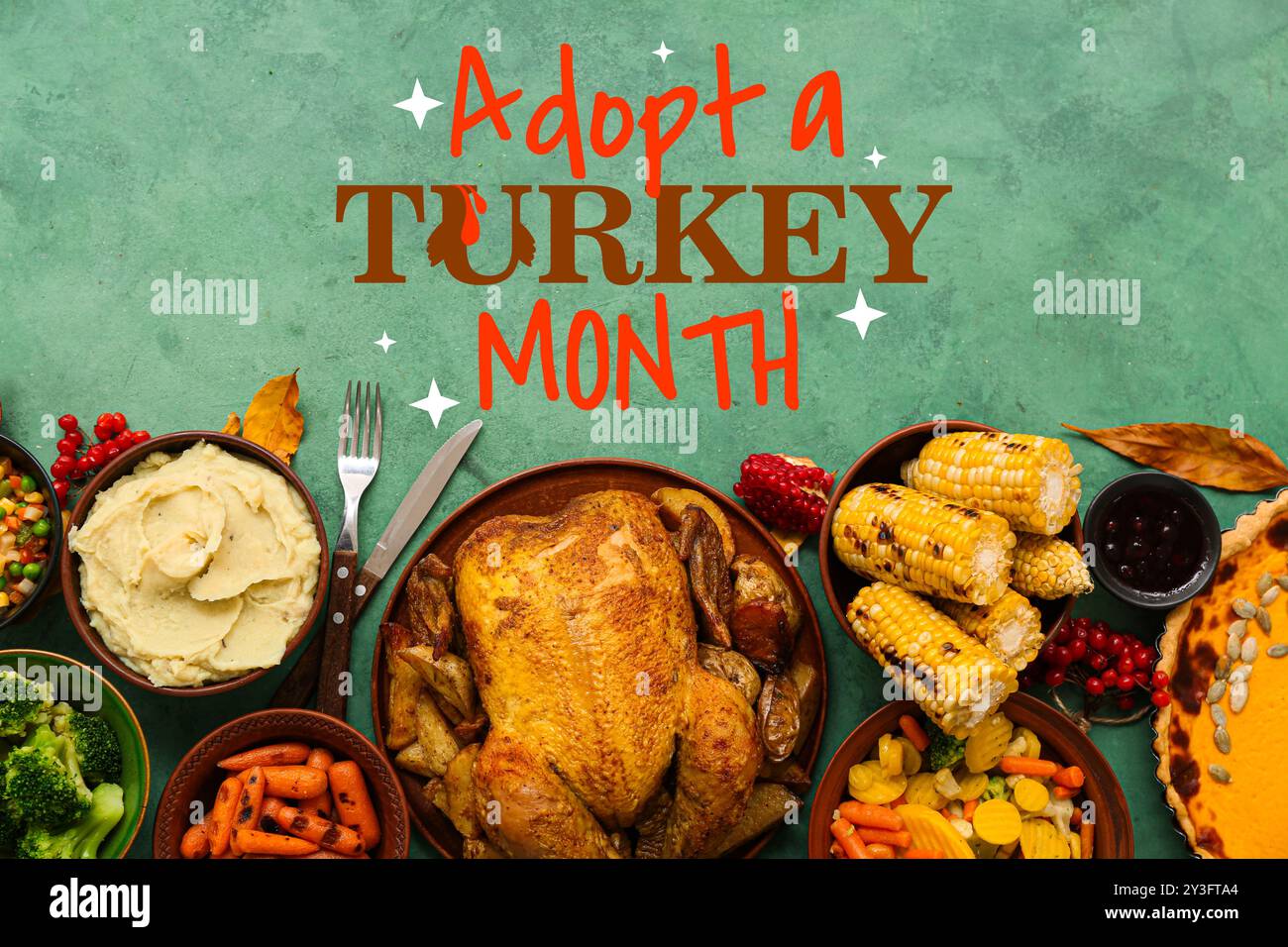 Festive dishes for Thanksgiving Day on green background. Poster for ...