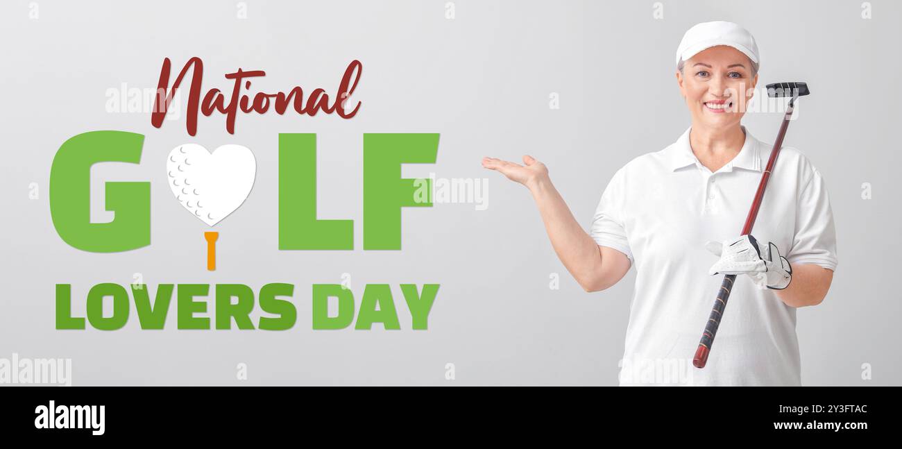 Female golfer on grey background. Banner for National Golf Lovers Day ...