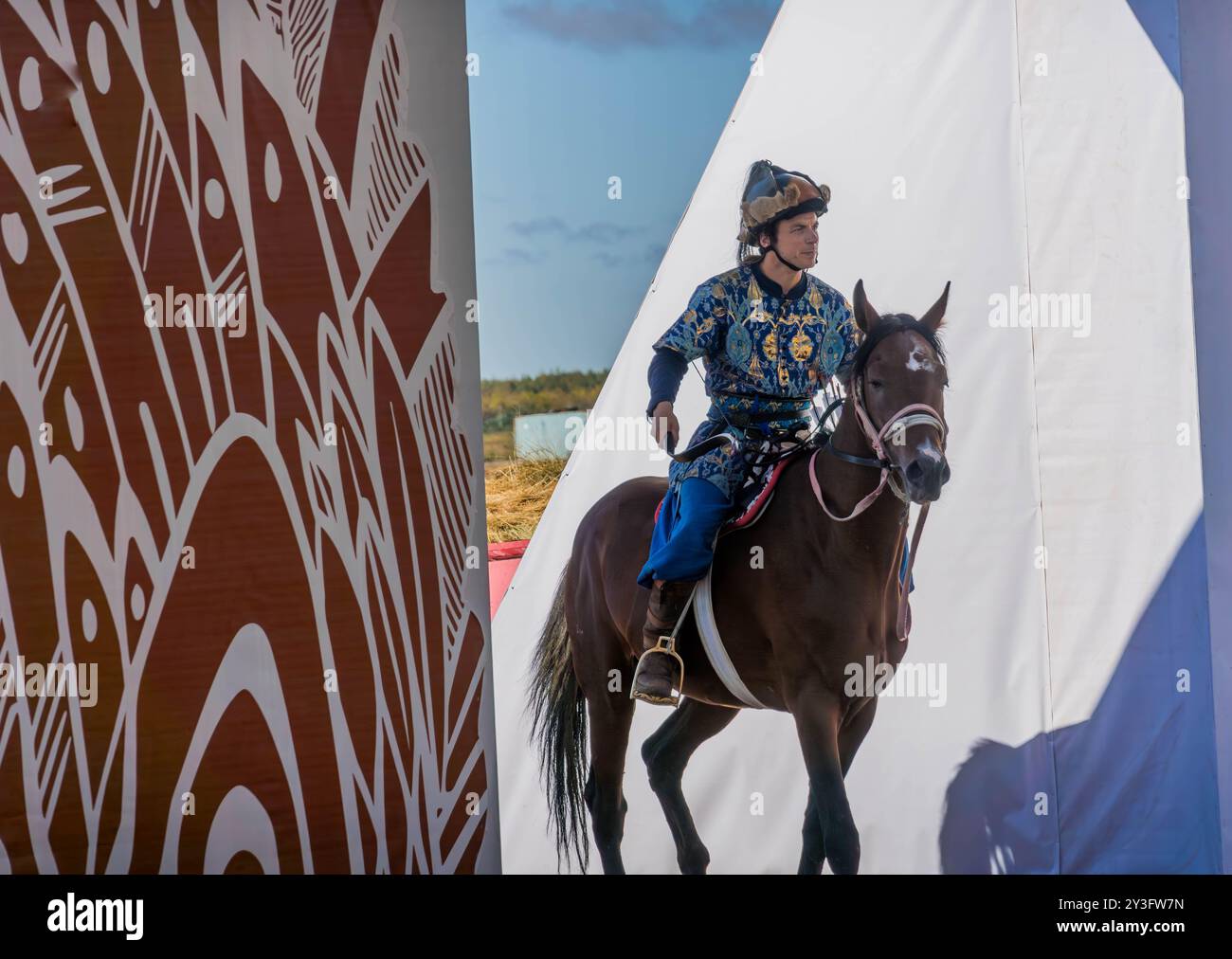 The Irish archer on the horse at the traditional Kazakh archery sport ...