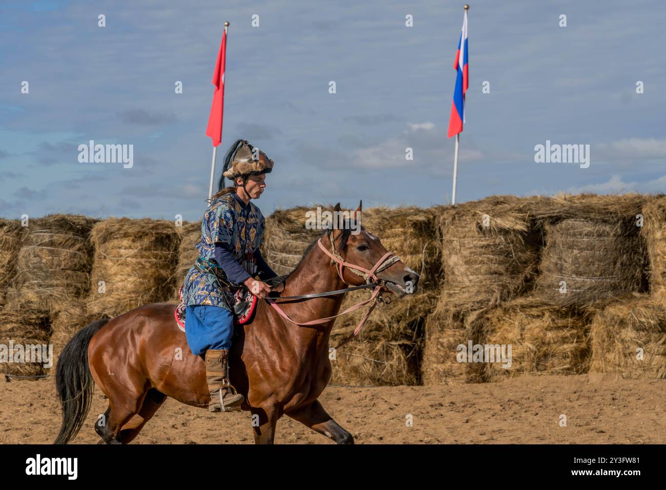 The Irish archer on the horse at the traditional Kazakh archery sport ...