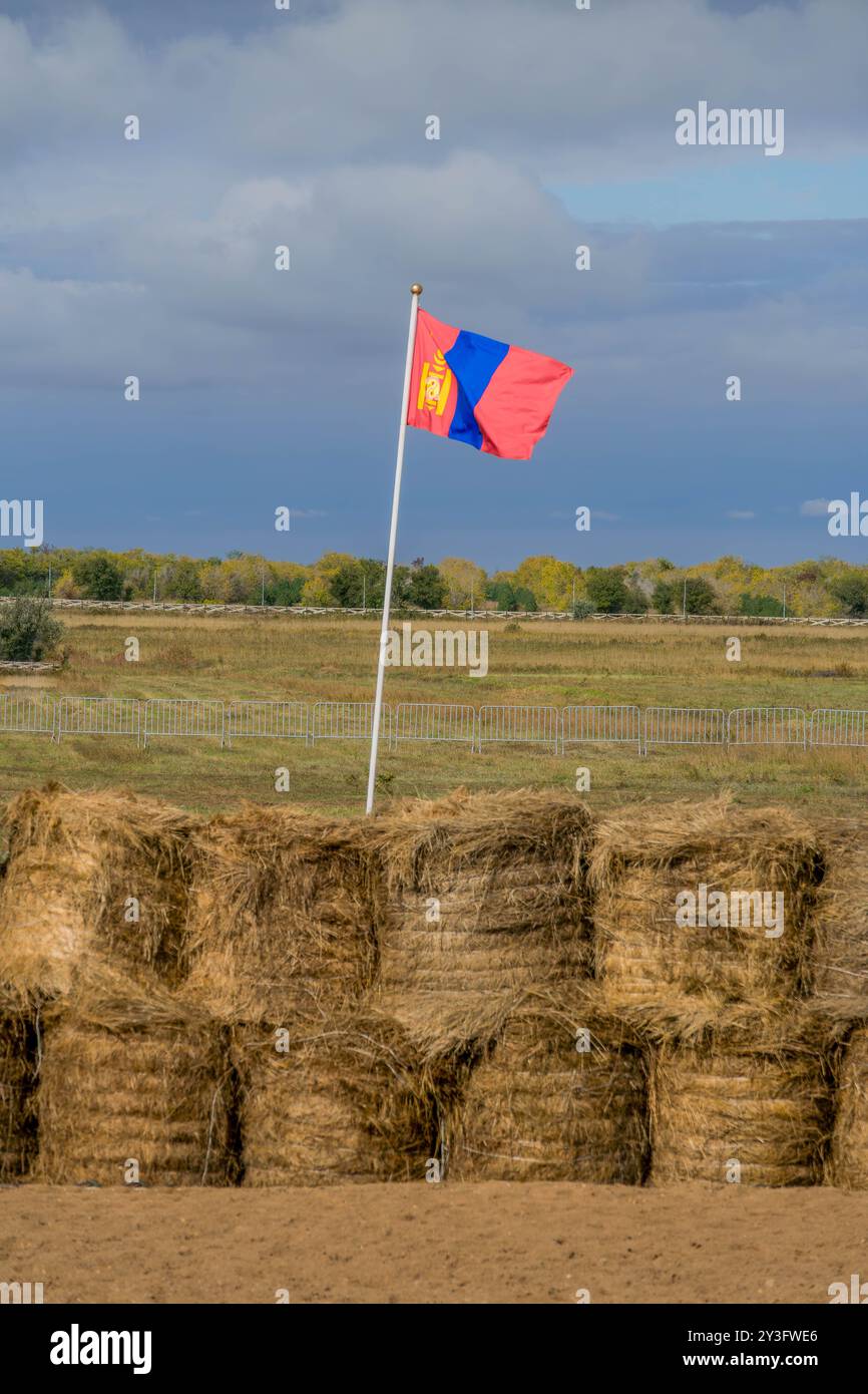 The flag of Mongolia with the beautiful Central Asian steppe, at the ...
