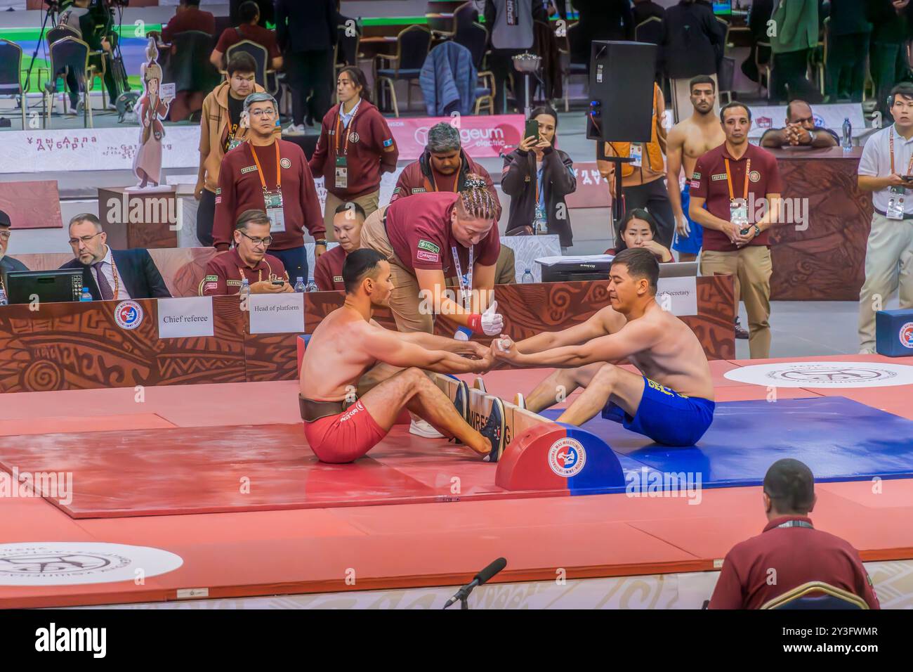 The athletes during the mas-wrestling tournament, a traditional Kazakh ...