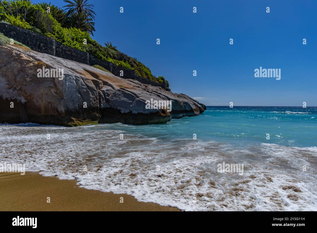 Yellow sand beach, dangerous high waves, Costa Adeje, rough Atlantic ...