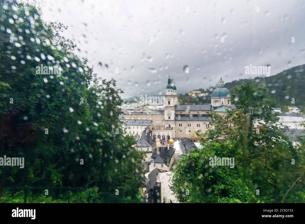 Salzburg: rain drops at window of Festungsbahn funicular railway, view ...