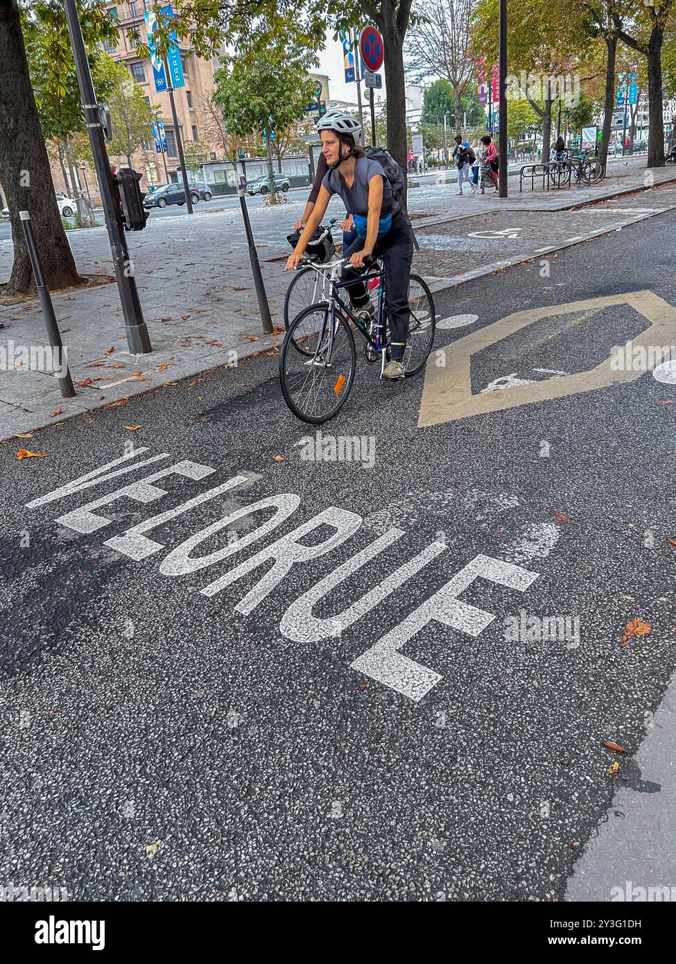Paris, France, Bicycle Paths on Street Scene, "Velorue", Woman Cycling ...