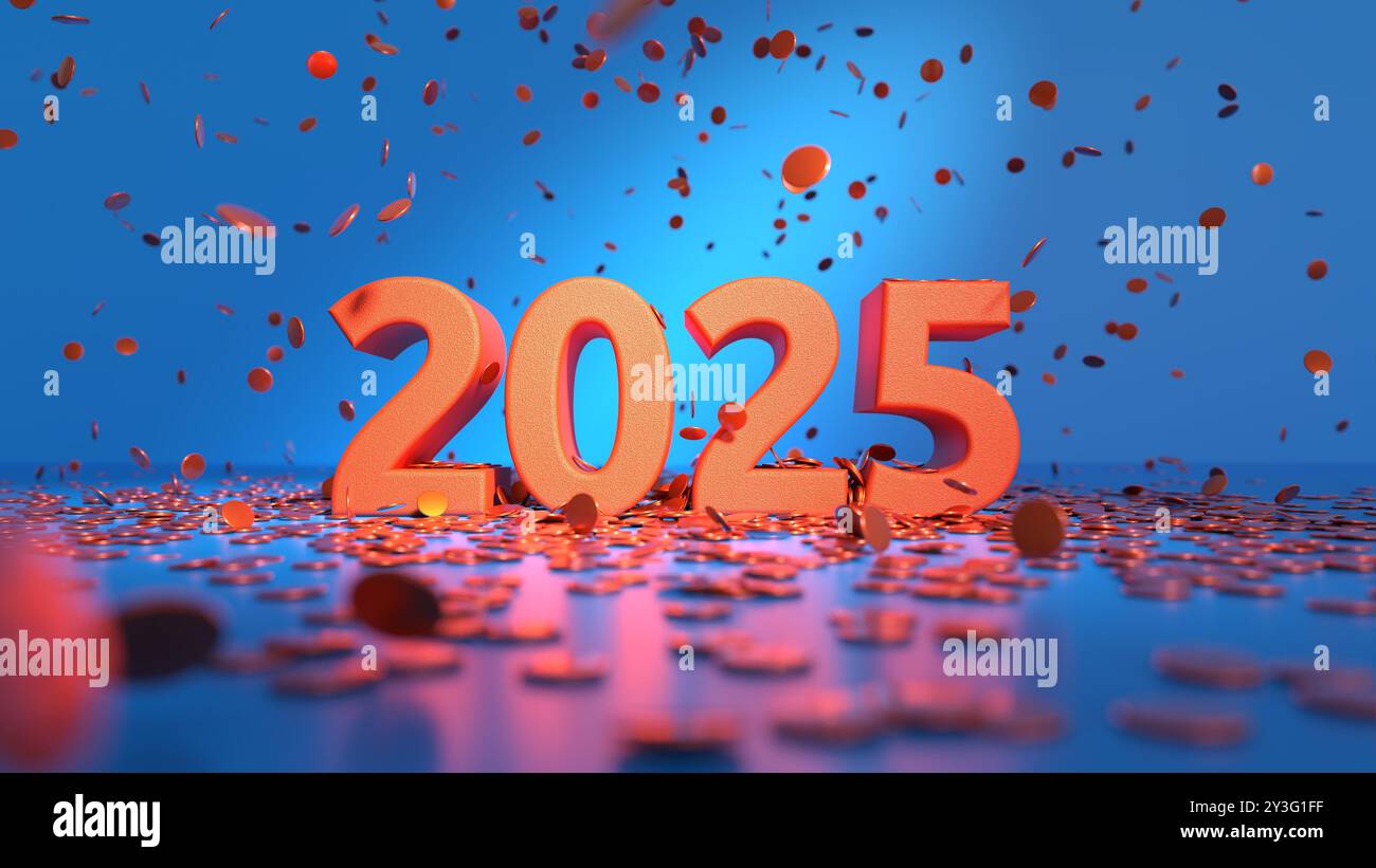 2025 orange text with confetti - depth of field effect - happy new year ...