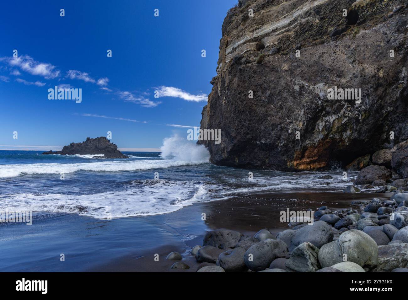 Beach with black volcanic sand, green palm trees on the slope ...