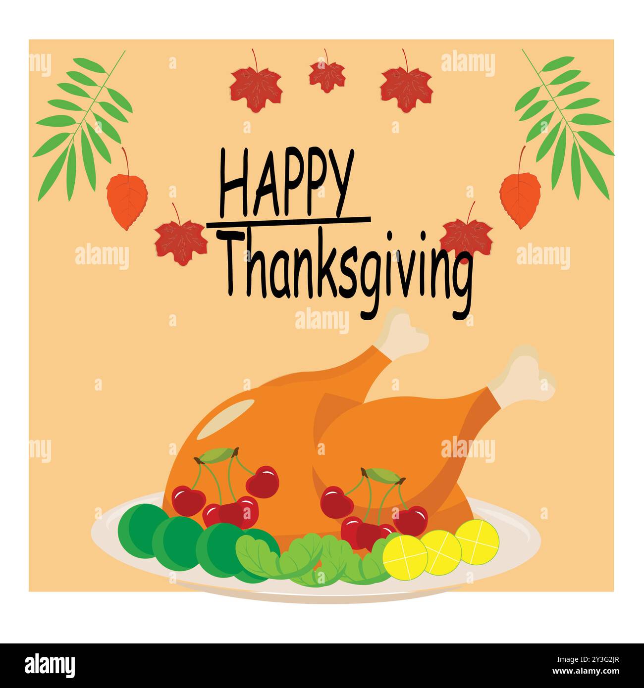 Thanksgiving theme illustration with roast turkey, pumpkin, autumn ...