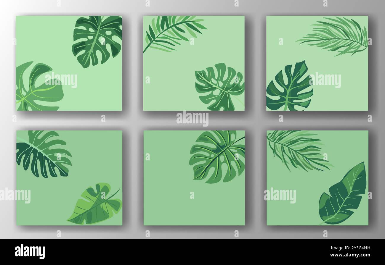 Set of six green leaf social media post templates on a light green ...