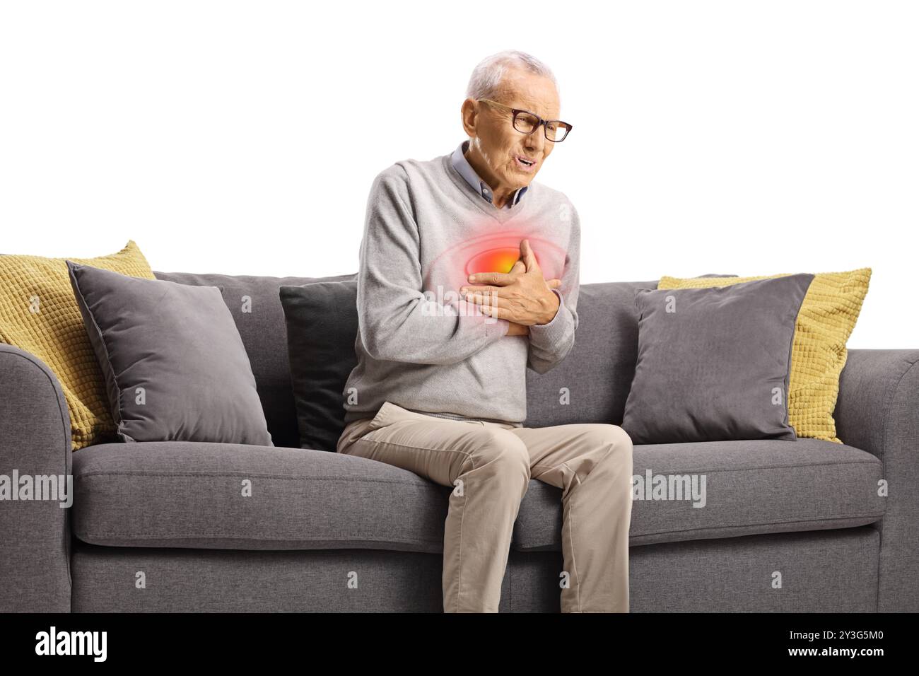 Elderly man with cardiac arrest sitting on a sofa isolated on white ...
