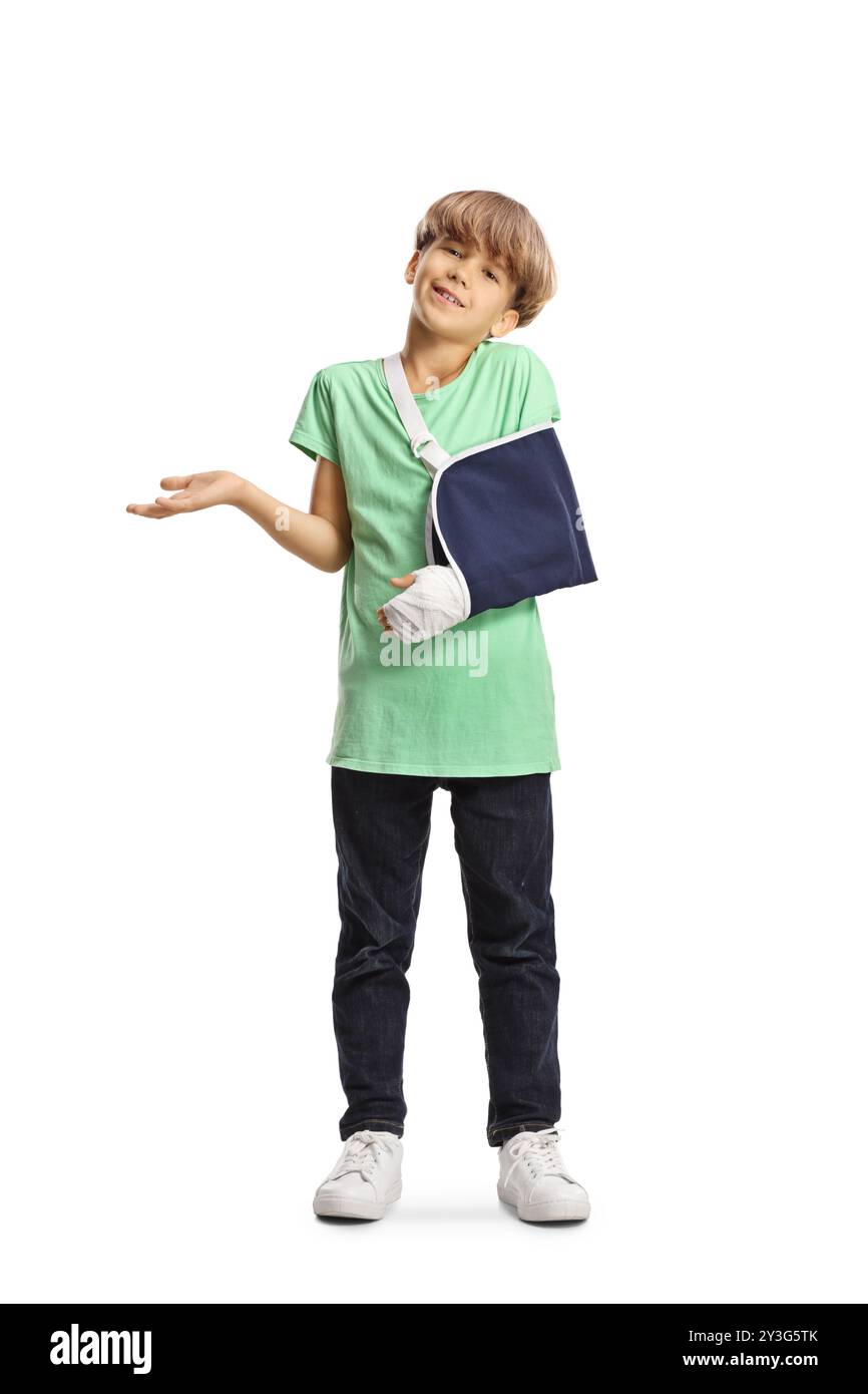 Boy a broken arm wearing an arm splint isolated on white background ...